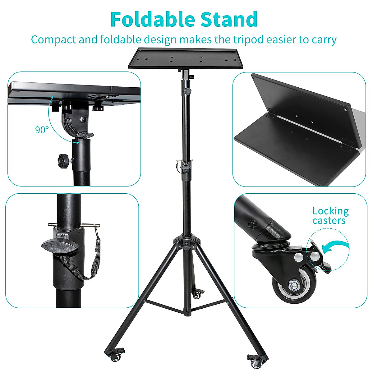 Projector Stand, Sturdy Durable Metal Laptop Tripod Stand with Wheels, Folding Floor Tripod Stand with Tray, Adjustable Height Portable DJ Equipment Stand for Indoors and Outdoors (43 Inch - 73 Inch)