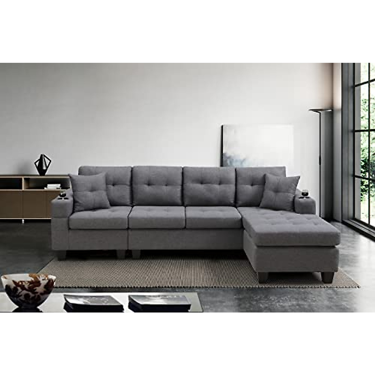 BIADNBZ Reversible Sectional Sofa with Chaise Lounge and Cupholders, L-Shape 4-Seat Couch Furniture for Living Room Apartment, w/2 Pillows, Gray