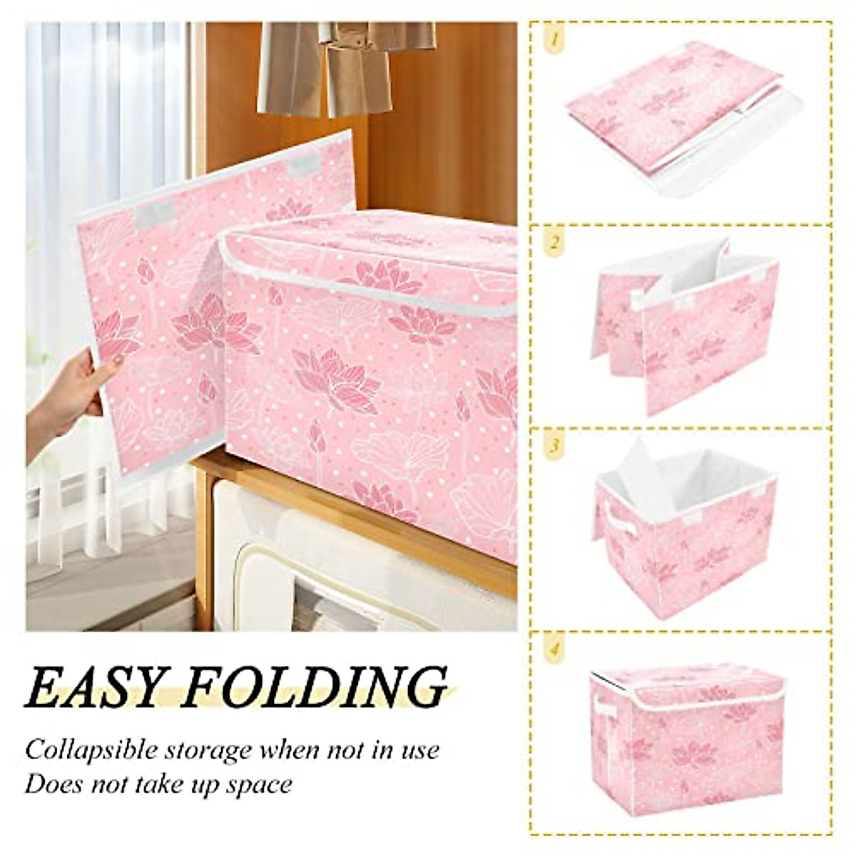Kigai Pink Lotus Polka Dot Storage Basket with Lid Collapsible Storage Bin Fabric Box Closet Organizer for Home Bedroom Office 1 Pack