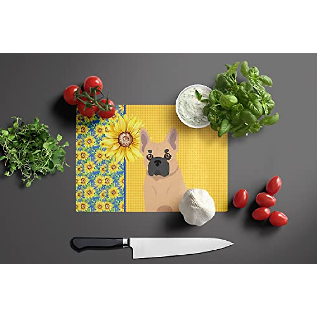 Caroline's Treasures WDK5420LCB Summer Sunflowers Fawn French Bulldog Glass Cutting Board Large Decorative Tempered Glass Kitchen Cutting and Serving Board Large Size Chopping Board