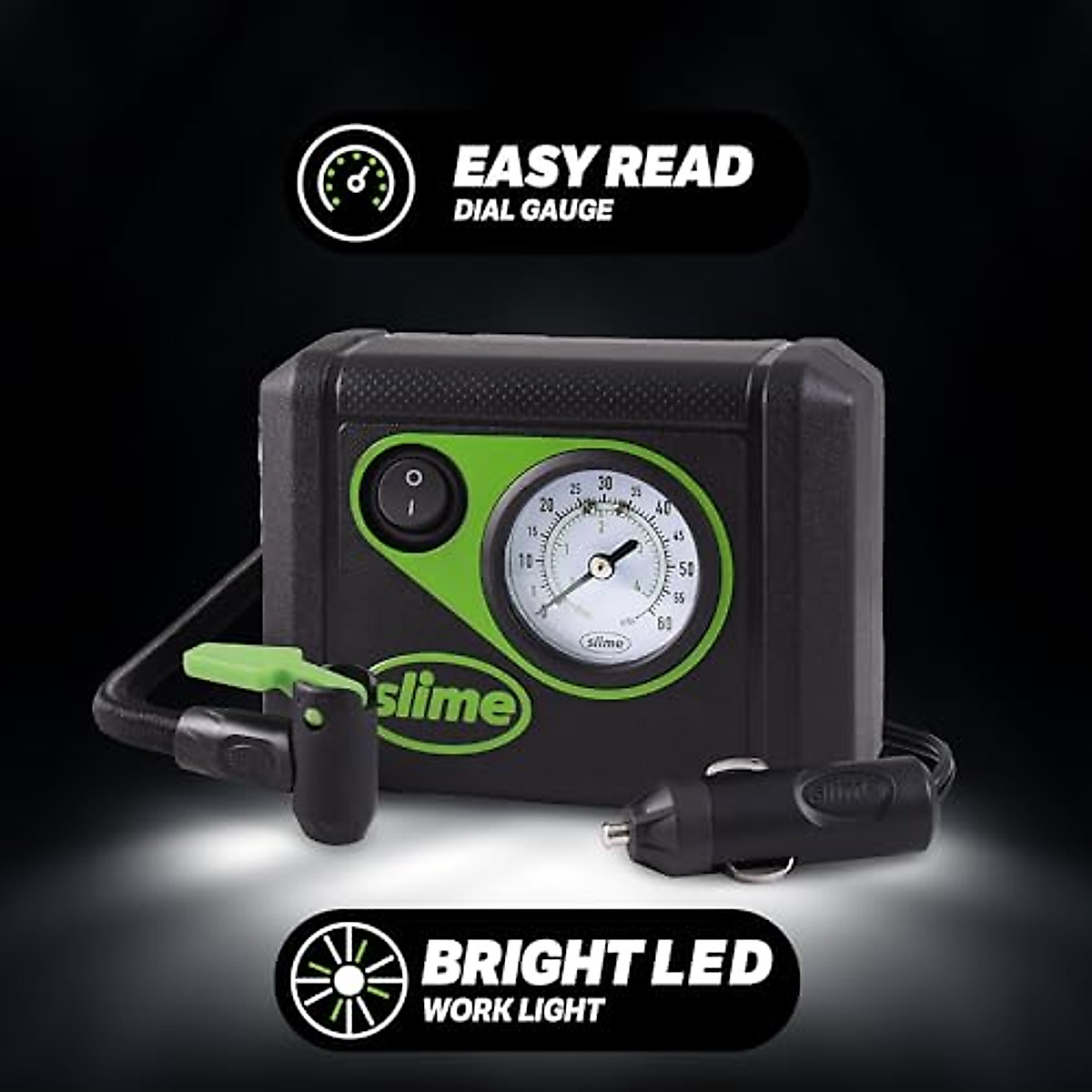 Slime 40059 Tire Inflator, Junior, Compact, Powerful, Portable Car Air Compressor, Lightweight, Analog, Flat Tire Repair, 12V, 12 min Inflation