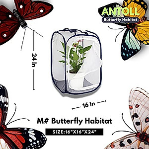 Antoll 3Pcs 24" M Size Blue Butterfly Habitat Cage, Monarch Butterfly Habitat, Butterfly Cage for Caterpillars, Flying Insect Mesh Cage, Outdoor Observation Plant, Pop-Up Open Size: 16"x16"x24"