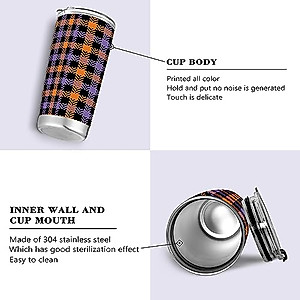 Jihqo Purple Orange Buffalo Plaid Tumbler with Lid and Straw, Insulated Stainless Steel Tumbler Cup, Double Walled Travel Coffee Mug Thermal Vacuum Cups for Hot & Cold Drinks 20oz