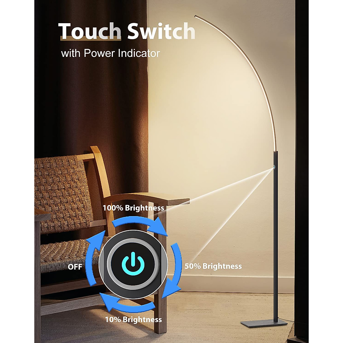 TACAHE Arc Corner Floor Lamp - 3000K Warm White & 3 Brightness Presets - Curved LED Accent Lamp with Touch Switch - 63" Modern Standing Lamp for Bedroom, Living Room - 12W - Black