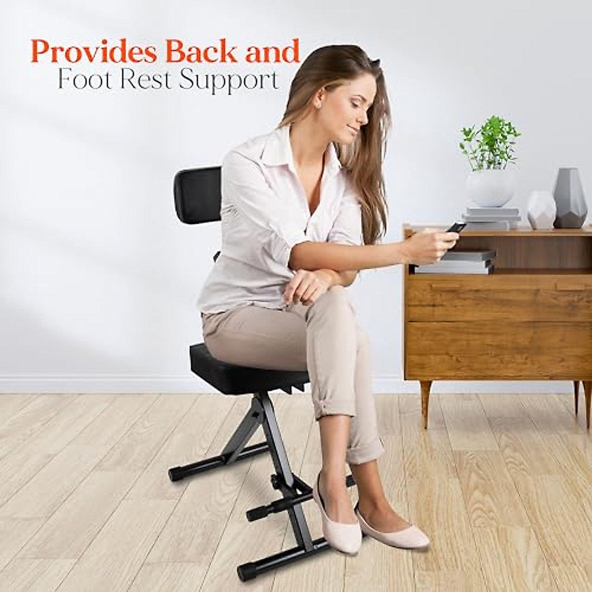 PYLE Drum Throne - Guitar Stool, Foldable & Portable Chair w/ Backrest & Footrest, Adjustable Music Stool for Adults, Padded Cushioned Seat & Back