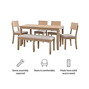 Linon Greywash with Grey Linen Upholstered Seat Includes Table Four Chairs Bench Carter Six Piece Dining Set