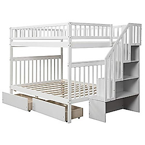 Full Over Full Bunk Beds, Solid Wood Full Bunk Beds with Two Drawers, Inner Bookcase and Stairway for Kids and Teenages, White