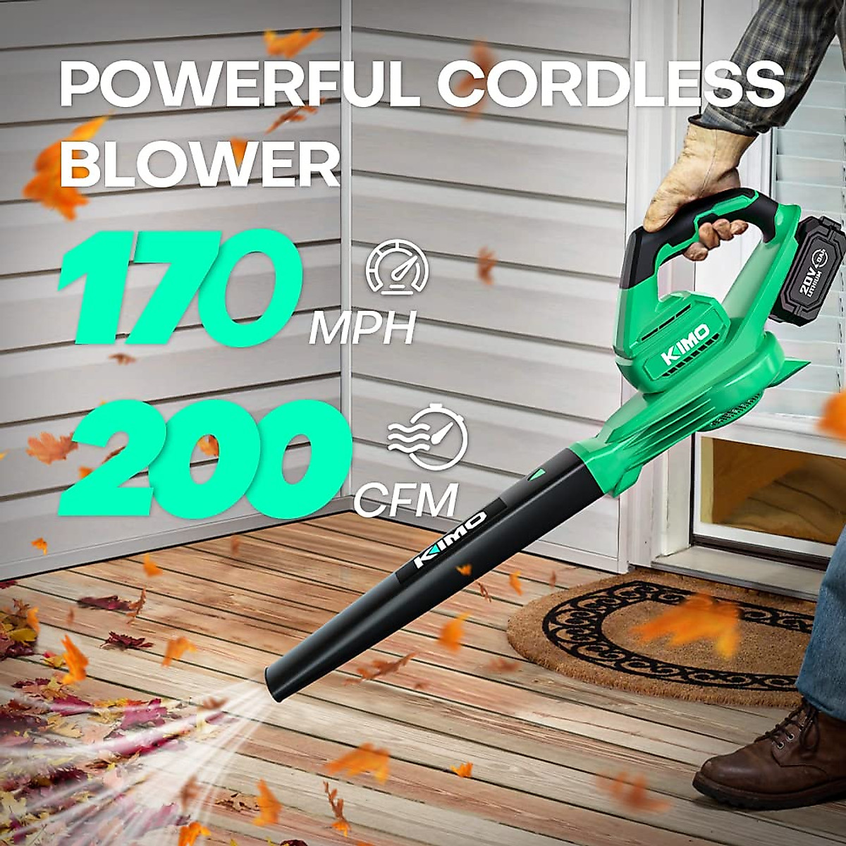 KIMO Cordless Leaf Blower - 200 CFM 170 MPH Battery-Operated Blower for Blowing Leaves, Snow Debris and Dust, 20V Electric Leaf Blower with 4.0Ah Battery and Charger for Yard| Patio| House |Jobsite