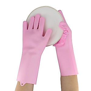 7Penn Reusable Dishwashing Gloves with Scrubber Bristles, Pink - Silicone Scrub Dish Cleaning Gloves for Men and Women