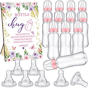 Sherr Butterfly Cool Baby Shower Games Bottle Chug Sign Wooden Butterfly Baby Gift Sets Gender Reveal Party Favors and 12 Pcs Baby Bottle Shower Favor Baby Bottles for Baby Shower Games Gender Reveal