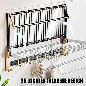 24HOCL 24 Inch Foldable Towel Rack Wall Mounted with Towel Bar/Basket, Bath Towel Shelf with Movable 7 Hooks for Bathroom Hotel Lavatory (Black+Gold)