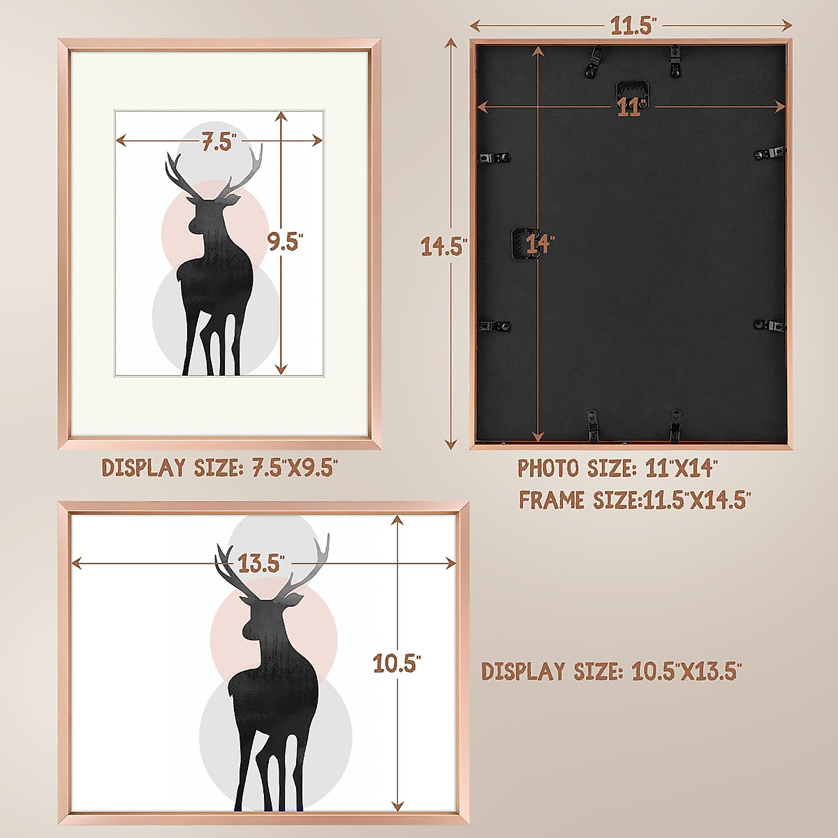 Space Art Deco, 11x14 Metal Aluminum Picture Frame Set of 3, Display Pictures 8x10 with Mat or 11 x 14 Without Mat, Wall Mounting Gallery Photo Frames, Rose Gold