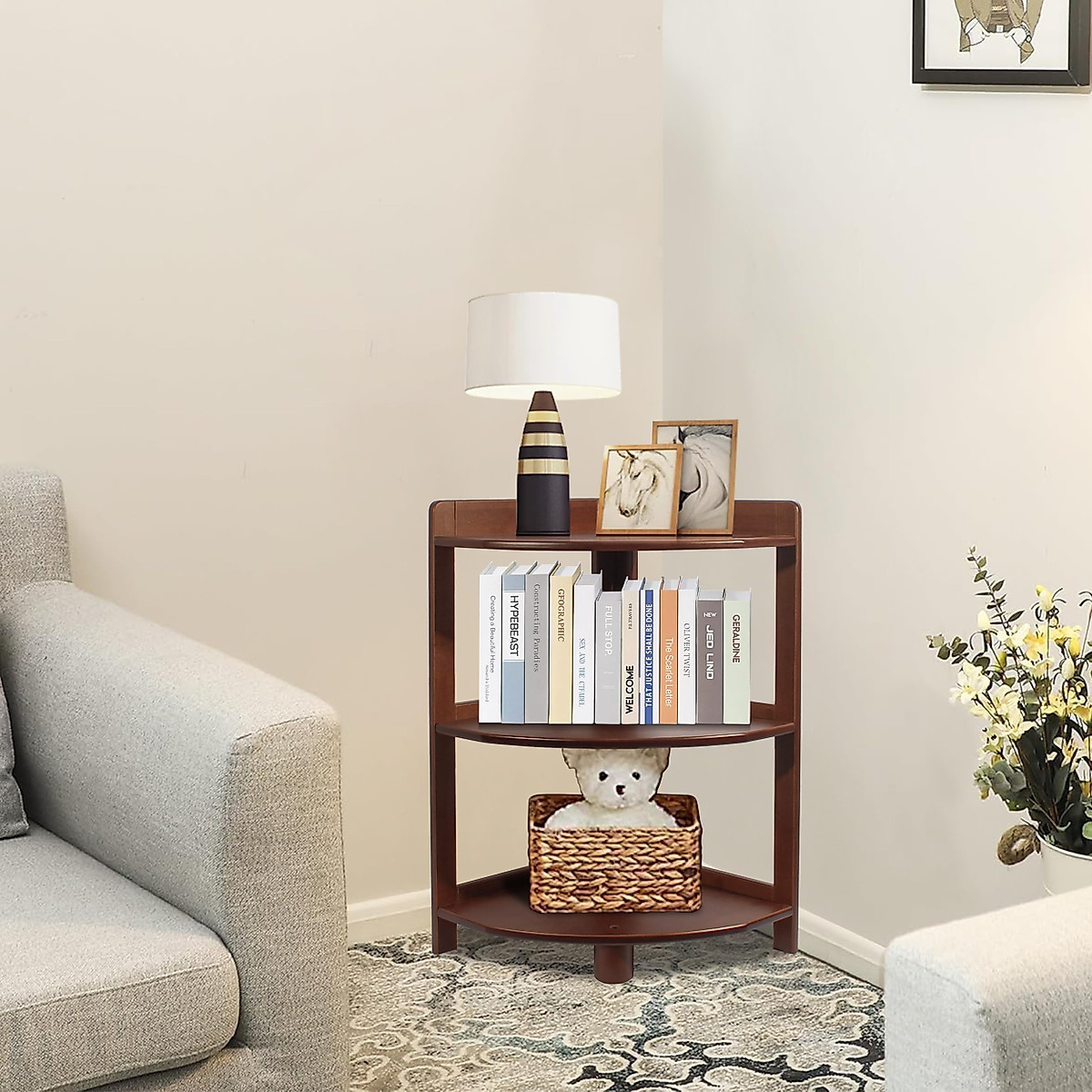 DOUSY 3 Tier Bamboo Corner Bookshelf, Mid Century Modern Corner Shelf, 24" Short Corner Bookcase with Storage Display Rack for Living Room, Bedroom, Home Office