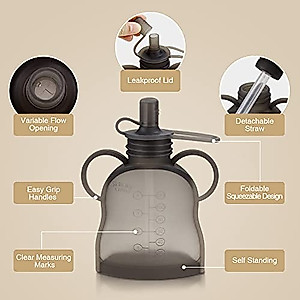 Morlike Living Refillable Silicone Baby Food Pouches, Reusable Squeeze Storage Pouch Bags with Straw for Toddlers Kids, Washable & Freezable, 4.5oz (Dark Grey, 1 Pack)