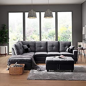 GINGVAT L-Shape Fabric Sectional Sofa,Left Consort Couch with Moveable 2 Pillows and Storage Ottoman,for Living Room Furniture Sets, Gray