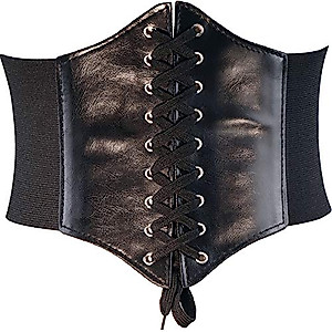 BAOKELAN Corset Belt for Women Wide Elastic Belts for Dresses Lace-up Tied Leather Waist Belts 85cm Black