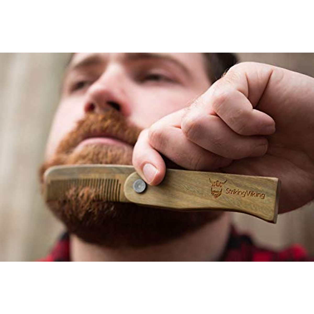Striking Viking Folding Wooden Comb - Men's Hair, Beard & Mustache Comb - Pocket Sized Sandal Wood Comb for Everyday Grooming, Use Dry or with Balms and Oils - Beard Gift for Men