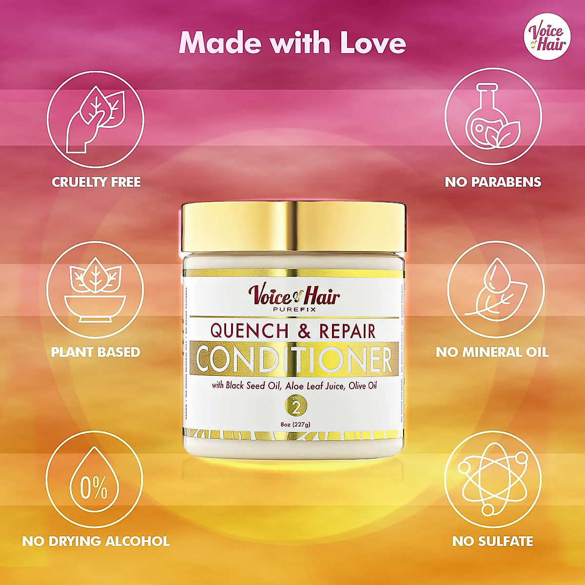 Voice of Hair Quench & Repair Conditioner: Moisture Restoration & pH Balance - Black Seed Oil, Aloe, Olive Oil - Ideal for Curly, Dry, Natural, Silk Press, Color Treated Hair - 8 Fl Oz