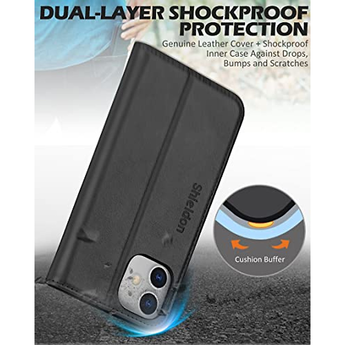 SHIELDON Case for iPhone 12/12 Pro 5G, Genuine Leather Wallet Case Magnetic RFID Blocking Credit Card Holder Kickstand Shockproof Case Compatible with iPhone 12/12 Pro (6.1 Inch 2020) - Black