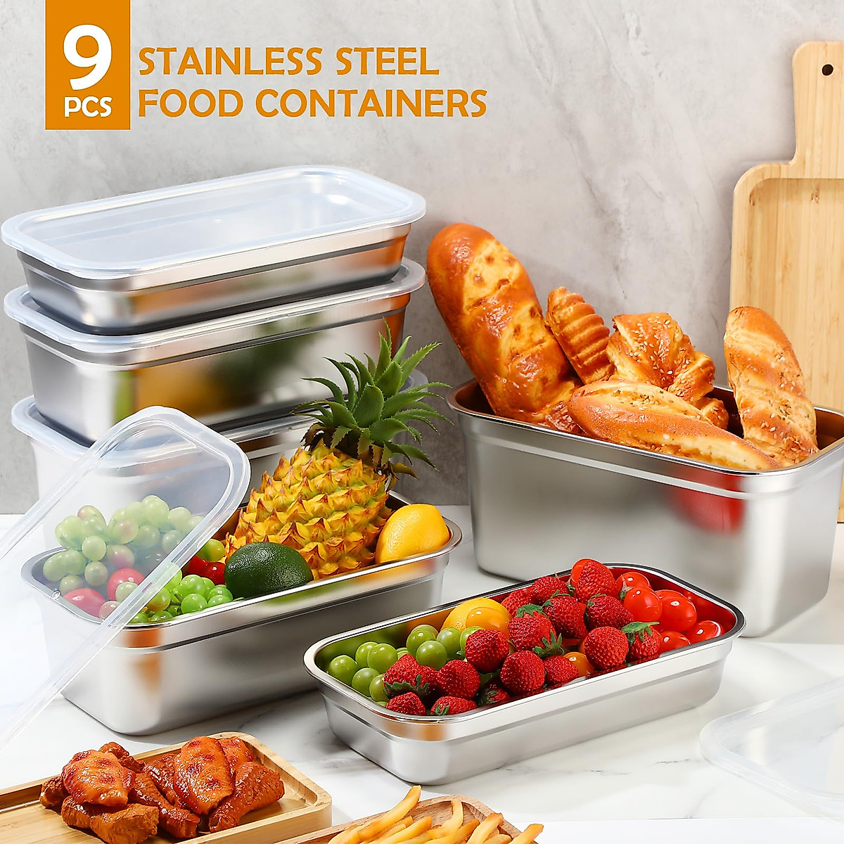 Suttmin 9 Pcs Stainless Steel Food Storage Containers with Lids 1/3 Size Hotel Pans Steam Table Pan Metal Meal Food Containers for Restaurant Stackable Kitchen Freezer Buffet, 2.5/4/6 Inch Deep