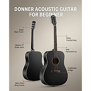 Donner 41'' Full Size Acoustic Guitar - Complete Beginner Kit for Adults, Teens with Free Online Lesson, Dreadnought Acustica Guitarra Bundle Set with Gig Bag, Strap, Tuner, Pickguard, Black DAG-1B