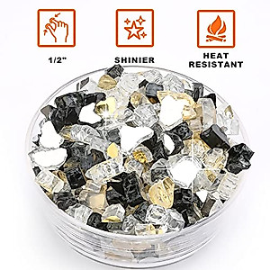 Utheer Fire Glass for Fire Pit, 1/2 Inch Reflective Fire Glass for Propane Fire Pit, Fire Pit Rocks Safe for Outdoors and Indoors Fire Pit, Blended Ultra-White, Black, Gold Fire Glass, 10 Pounds
