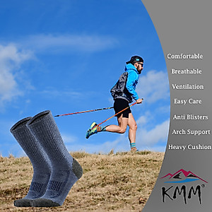 KMM Men's Merino Wool Cushion Crew Socks Moisture Wicking Control Medium Weight Warm for Outdoor Hiking Hike Trail Cycling(Denim L)