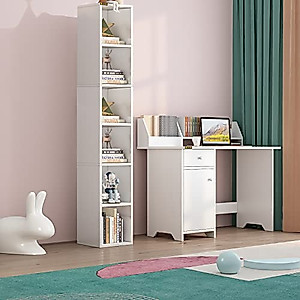 ALISENED 68.5" Tall Narrow Bookshelf, 6 Shelf Wooden Corner Bookcase, Modern Skinny Cubes Storage Organizer Display Shelving for Bedroom, Library, Living Room, Home, Office, White