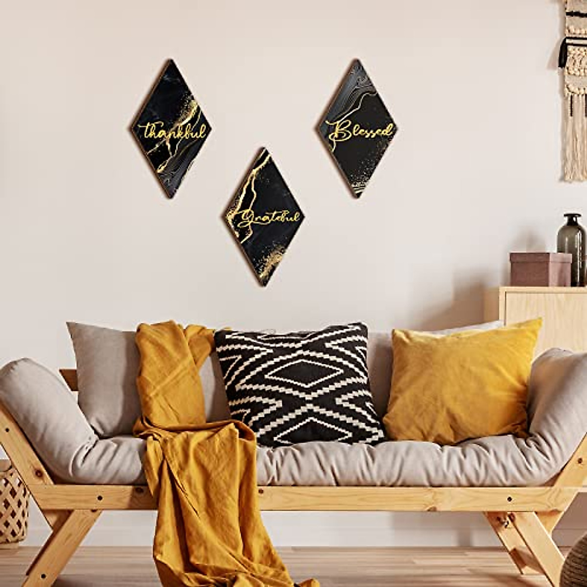 3 Pcs Marble Style Bathroom Wall Decor Thankful Grateful Blessed Wall Decor Black and Gold Farmhouse Rustic Art Wall Decor Wooden Bathroom Hanging Signs for Home Laundry Spa Room,11.8 x 6.7 Inches