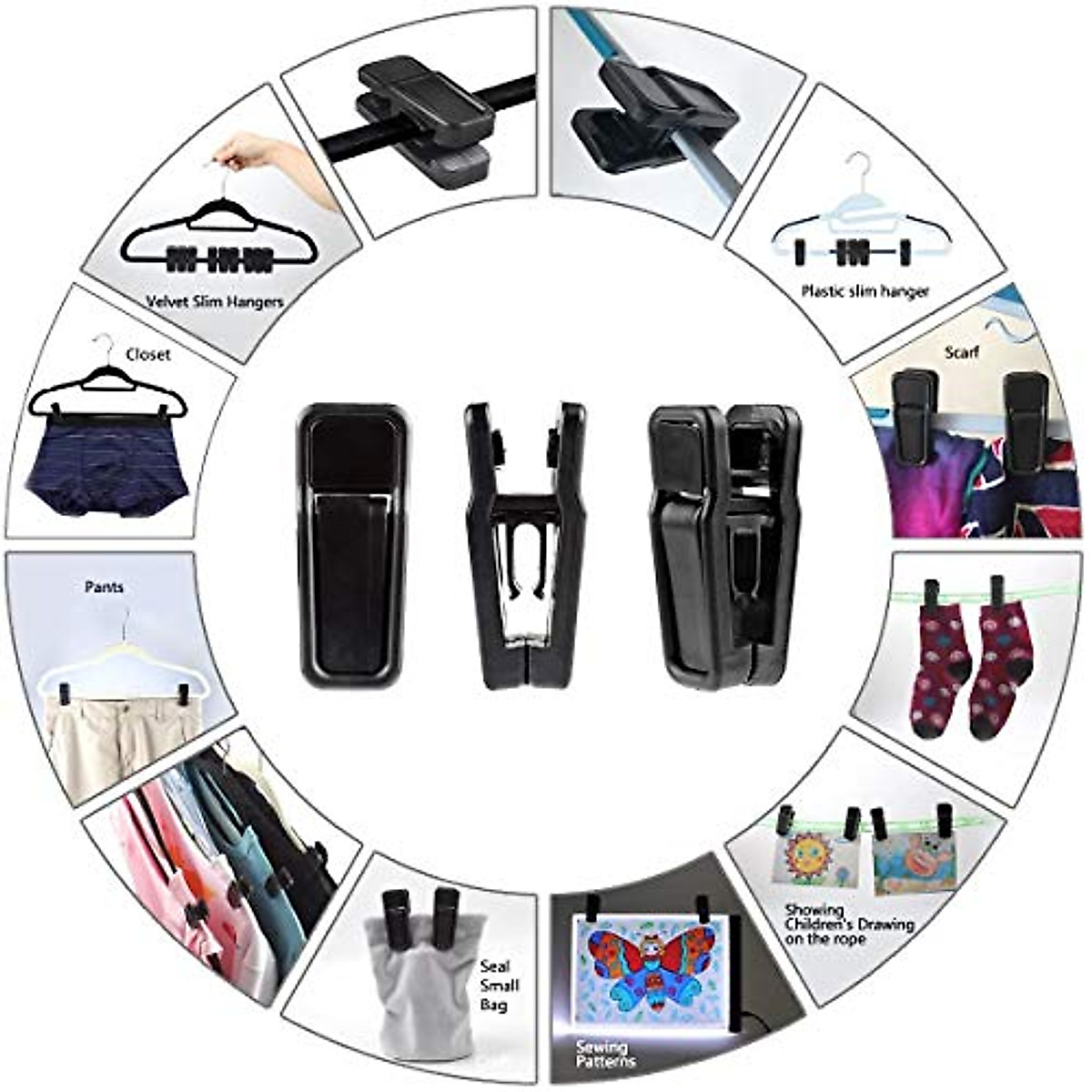 FLOLATIDIA Standard Hanger Clips,Clothes Pins Plastic Finger Clips for Flocked Garment Trouser Slim-line Velvet Hanger-Removable (Black, 20)