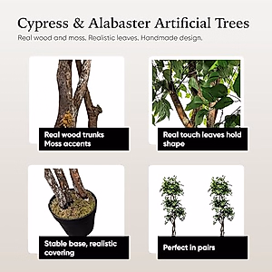 Hand-Made 6.5' Ficus Artificial Tree with Ethically Sourced Real Wood Trunks | Green | Cypress & Alabaster