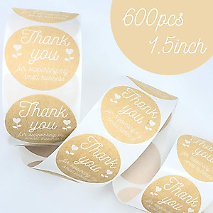 EL Nido 600 pcs 1.5" Thank You for Supporting My Small Business Stickers I 600 pcs Roll Kraft Paper Thank You Stickers | roll Boutique Supplies for Business Packaging (Kraft Sticker, 600pcs)