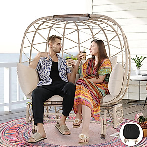 NICESOUL® Double Wicker Rocking Egg Chair, Oversized Egg Basket Lounge Chair for 2 Persons, Patio Gliding Egg Chair with Legs Thick Cushions 500 Lbs Large Loveseat for Indoor Outdoor Beige with Cover