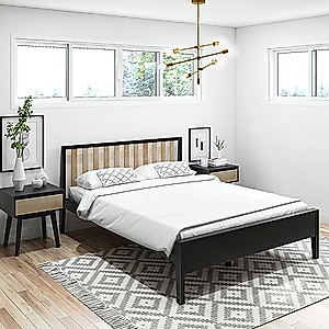Plank+Beam Modern Solid Wood Queen Bed Frame with Slatted Headboard, Scandinavian Platform Bed with Wood Slat Support, Easy to Assemble, Black/Blonde