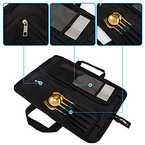 Qchengsan Chef’s Knife Roll Bag, Heavy Duty Waxed Canvas Chef Knife Bag, Portable 13 Slots Chef Knife Case, Multi-function Cutlery Knives Pouch Holder Knife Wrap Wallet Tool Roll