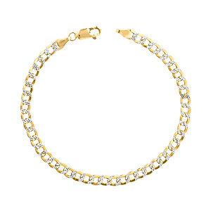 Nuragold 14k Yellow Gold 4.5mm Cuban Chain Curb Link Diamond Cut Pave Two Tone Bracelet, Mens Womens Jewelry 7" 7.5" 8" 8.5" 9"