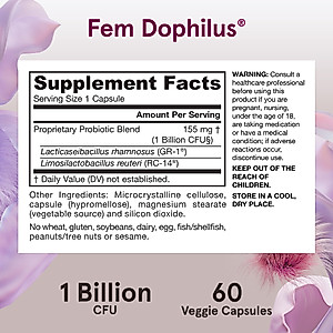 Jarrow Formulas Fem-Dophilus Probiotics 1 Billion CFU With 2 Clinically Effective Strains, Dietary Supplement for Vaginal Health and Urinary Tract Health, 60 Veggie Capsules, 60 Day Supply