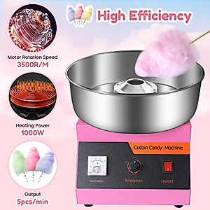 Cotton Candy Machine Commercial, 1000W Efficiently Cotton Candy Maker Machine with Stainless Steel Bowl, Sugar Scoop, Easy & Safe to Use, Candy Floss Maker for Kids, Home, Party, Birthday, Festival