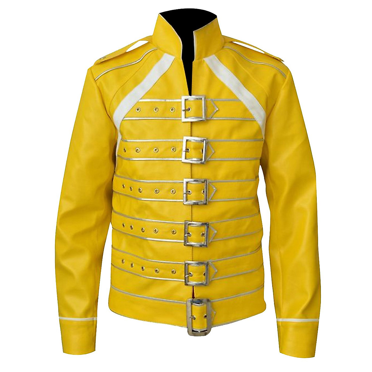 CHICAGO-FASHIONS Mens Freddie Concert Belted Motorcycle Yellow Faux Leather Mercury Costume, Freddie Mercury Jacket, Medium