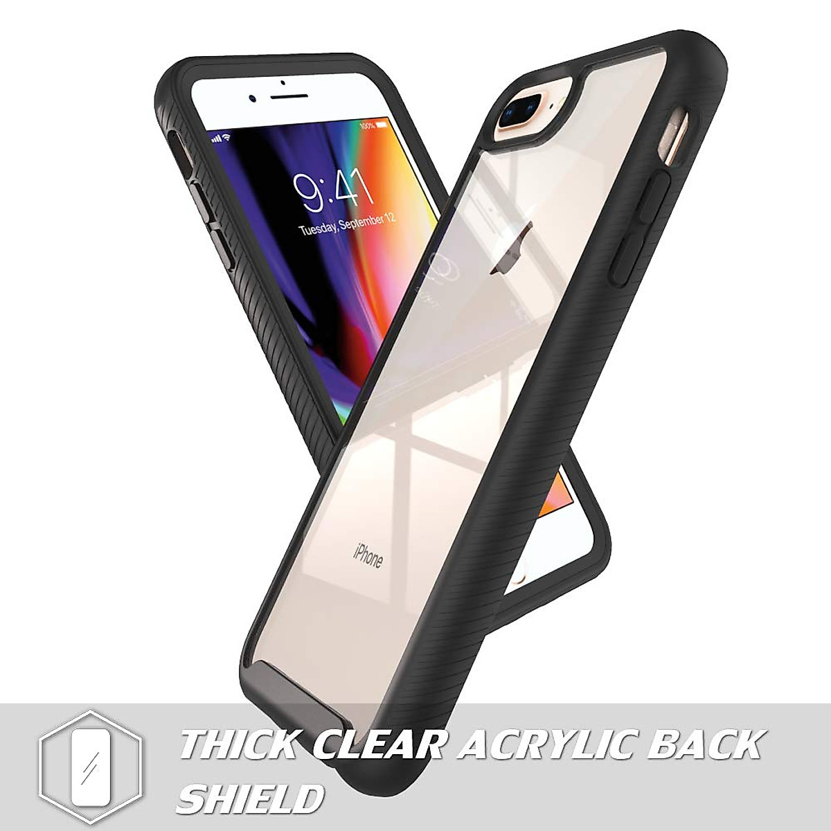 LUCKYCAT iPhone 7/8 Plus Case (5.5") with 2 Tempered Glass Screen Protectors, Shockproof Clear Multicolor Bumper - Black