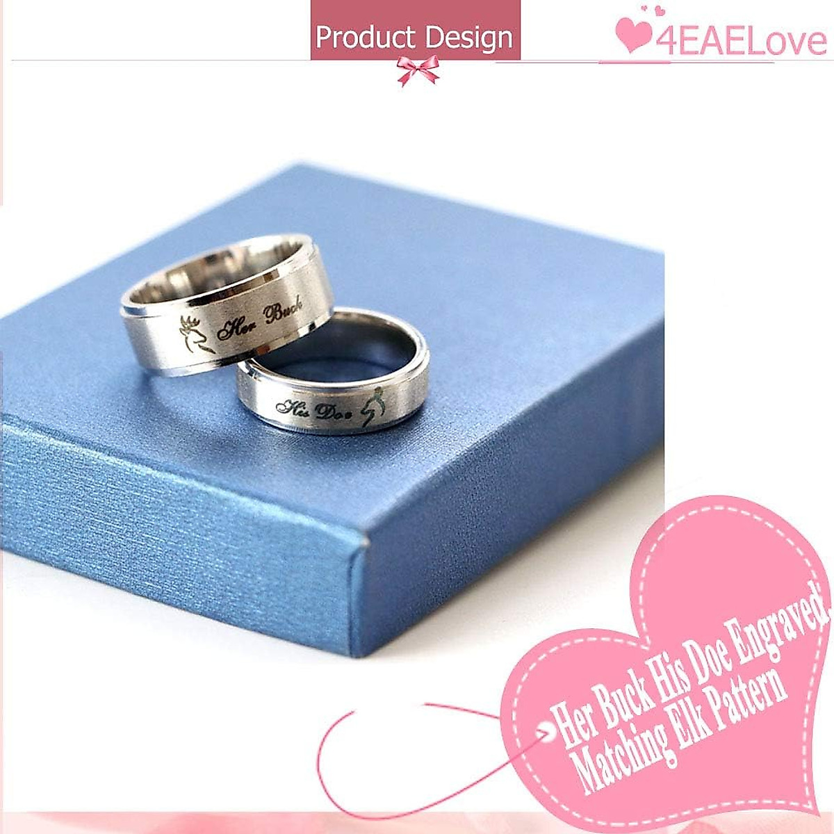 4EAELove Customize Matching Deer Heart Open Ring Her Buck His Doe Elk Couples Rings Promise Ring Inside Can Engraved Band Rings Wedding Rings (Elk-Silver, Custom)