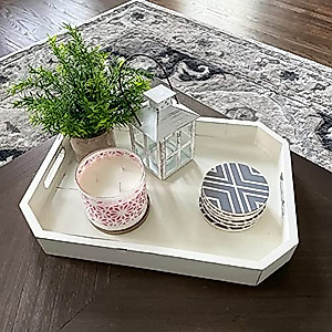 TOPZEA Set of 2 Rustic Wood Serving Tray with Handle, Whitewashed Ottoman Tray Decorative Tray Breakfast Tray on Bed, Shabby Chic Coffee Table Centerpieces Tray Serving Tray for Food, Vase, Perfume