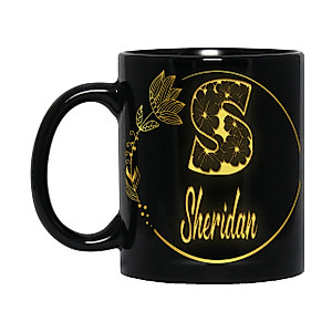 Coffee Mug Personalized Sheridan Name & Initial Letter Monogram Floral Alphabet Mug Golden Flowers Custom Black Coffee Cup, Gift for Her Mom Coworker Sister, Wife, Girl 11oz Black Mug 574295