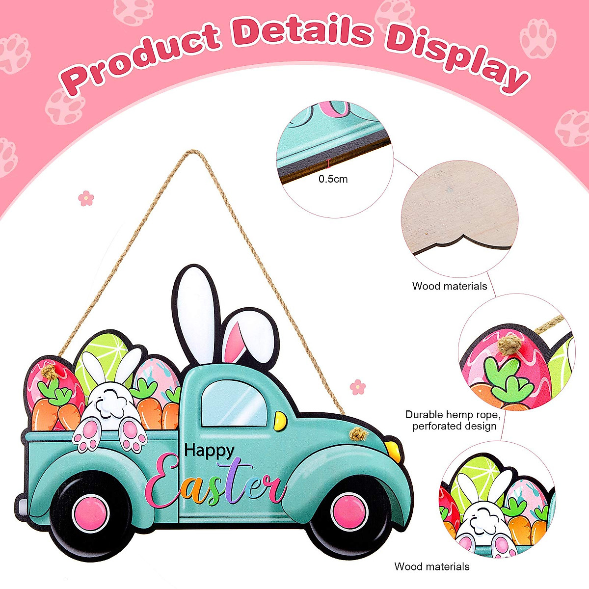 Jetec Happy Easter Hanging Sign Truck Bunny Welcome Wooden Door Sign Truck Hanging Plaque Rustic Wall Sign Yard Indoor Outdoor Garden Decoration with Rope, 13.4 x 10 Inch