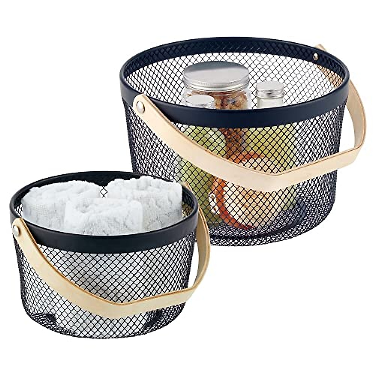 mDesign Farmhouse Metal Storage Organizer Basket Bin with Wood Handles - for Bathroom, Office, Entryway, Closet, Cabinet, Bedroom, Laundry Room, Nursery, Kids Toy Room, Set of 2 - Black
