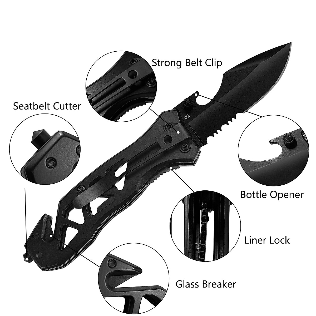 XIPHIAS Cool Folding Pocket Knife with Glass Breaker, Bottle Opener and Rope Cutter, Birthday Father's Day (D2)