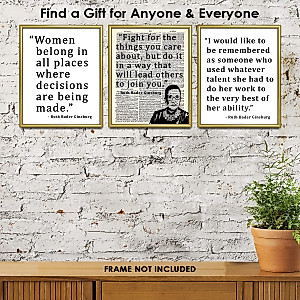 Inspirational Ruth Bader Ginsburg Wall Art - Set of 3, White, 8x10 RBG Poster, RBG Wall Art & Motivational Wall Art, Positive Affirmations Wall Decor for Bedroom & Office Decor for Men & Women