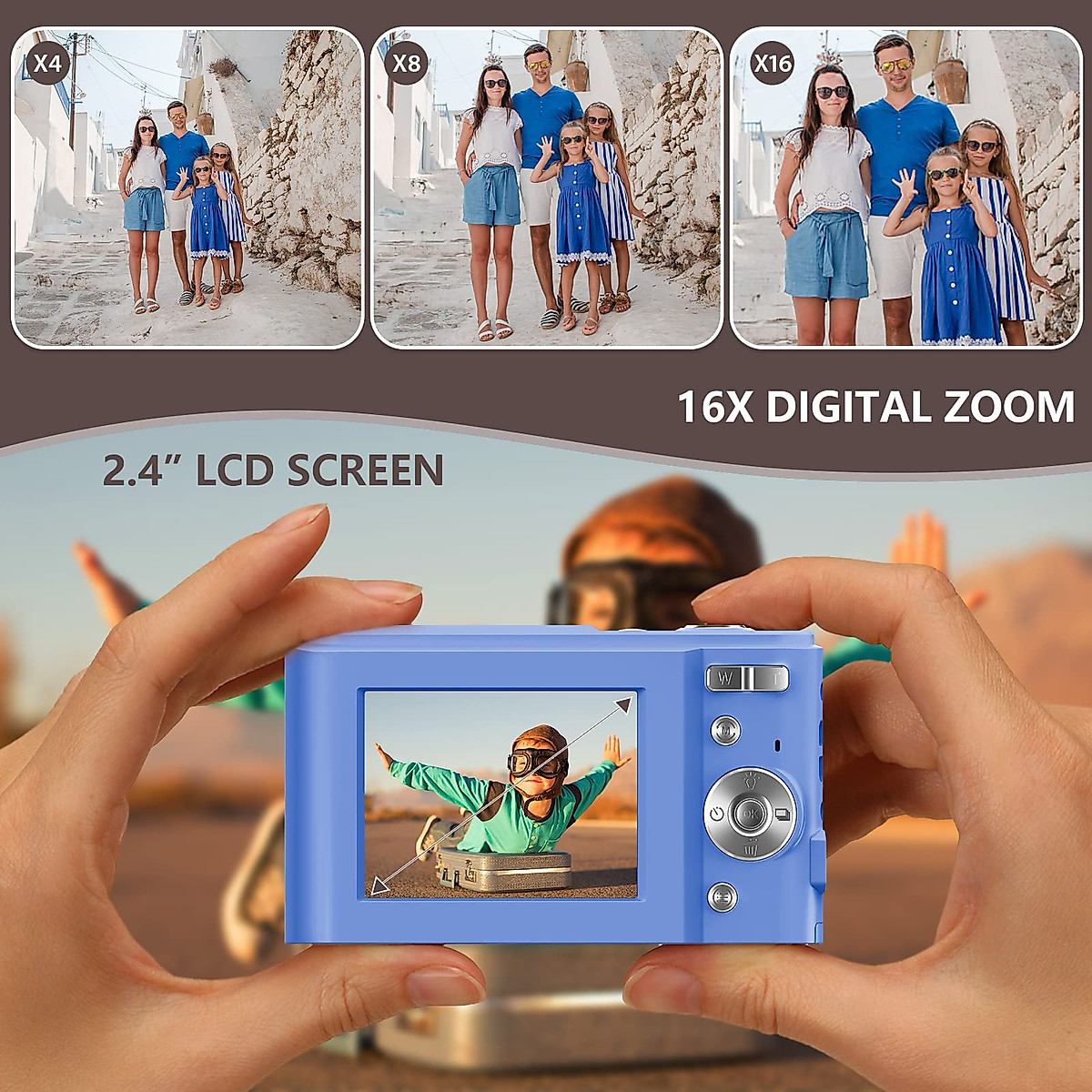 IEBRT Digital Camera,1080P Mini Vlogging Camera Video Camera LCD Screen 16X Digital Zoom 36MP Rechargeable Point and Shoot Camera for Compact Portable Kids Teens Gift (2.4 inch Blue)