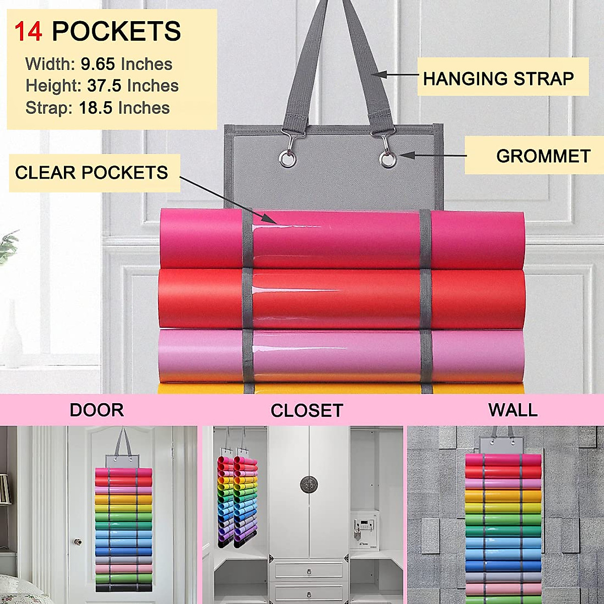 IRASPIN Vinyl Roll Holder, Vinyl Roll Storage Rack Wall Mount/Over The Door with14 Compartments,Safely Store Rolls up to 2.8 Inches in Diameter (2 Pack,Gray)