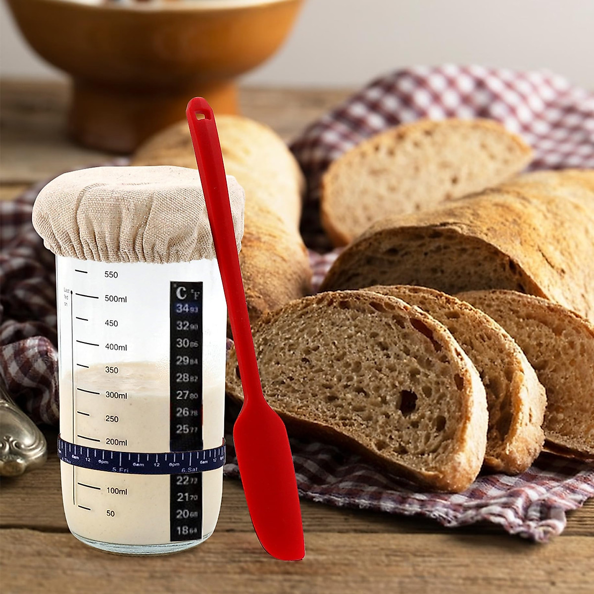 Sourdough Starter Jar with Lid Set, 550ml Glass Round Jar Reusable Wide Mouth Jar with Scale + Silicone Scraper + Cloth Cover for Bread Fermentation Various Flour, 6Pcs